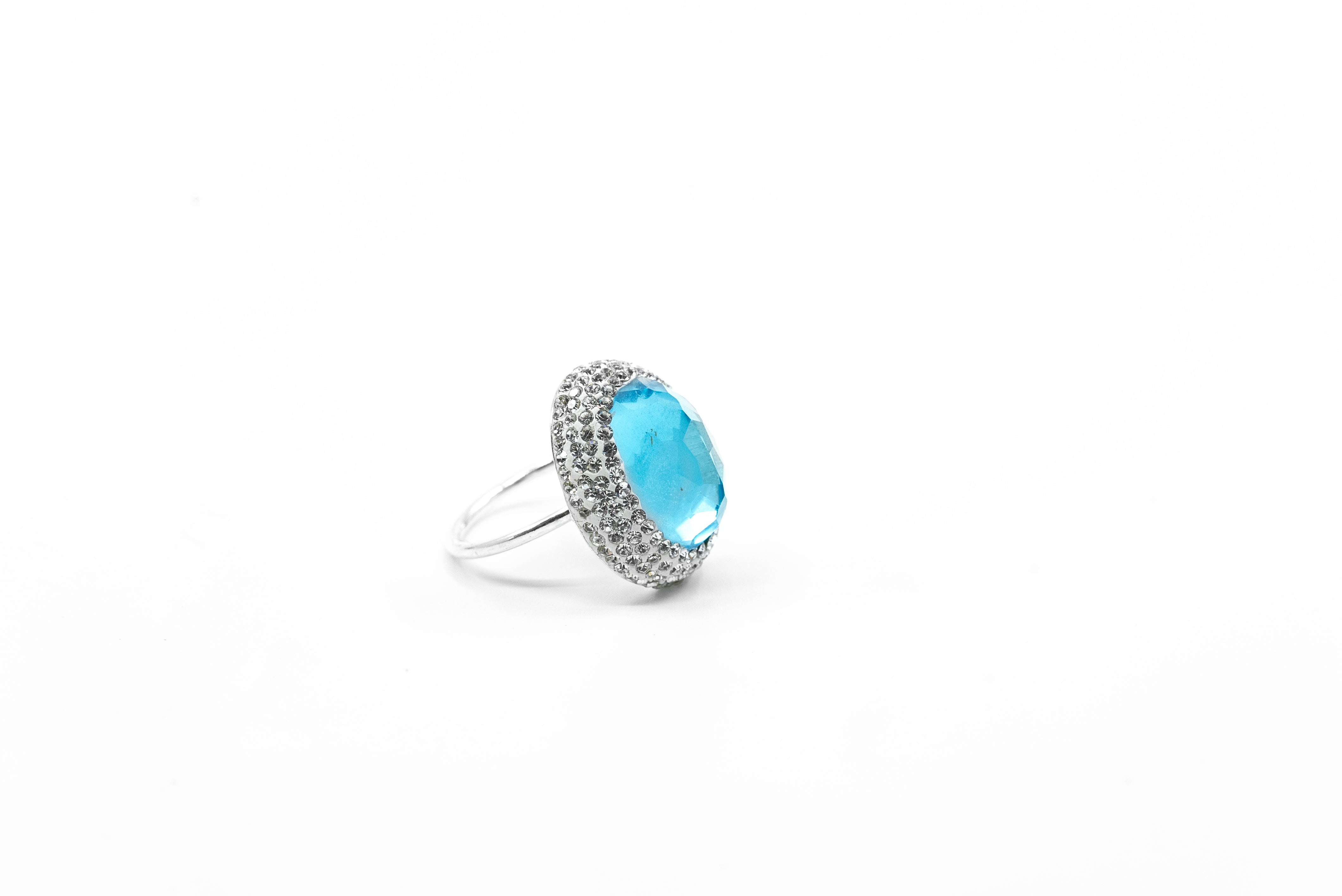 Round Baby Blue Stone Ring with Hematite Trim – www.zeyzey-jewelry.com